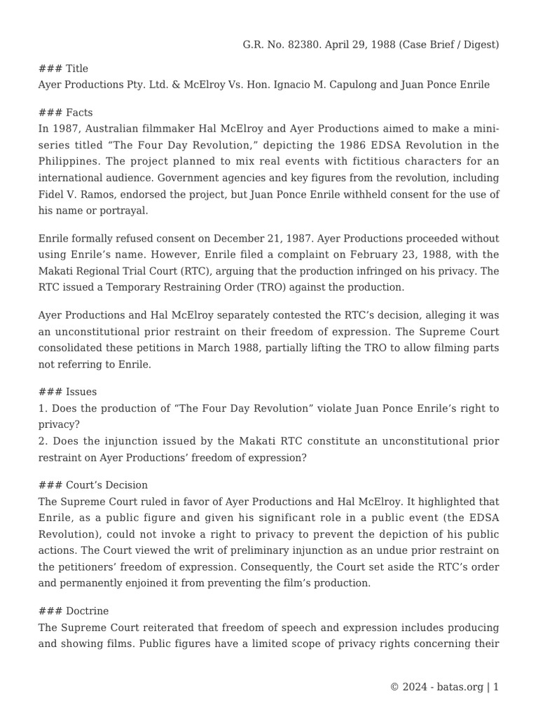 Ayer Productions v. Capulong and Enrile | PDF | Juan Ponce Enrile ...