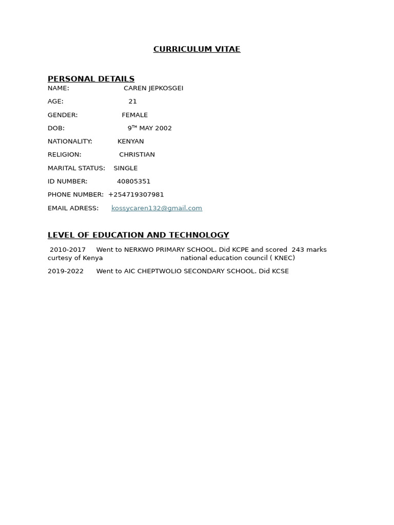 Caren Jepkosgei CV: Education & Contact | PDF