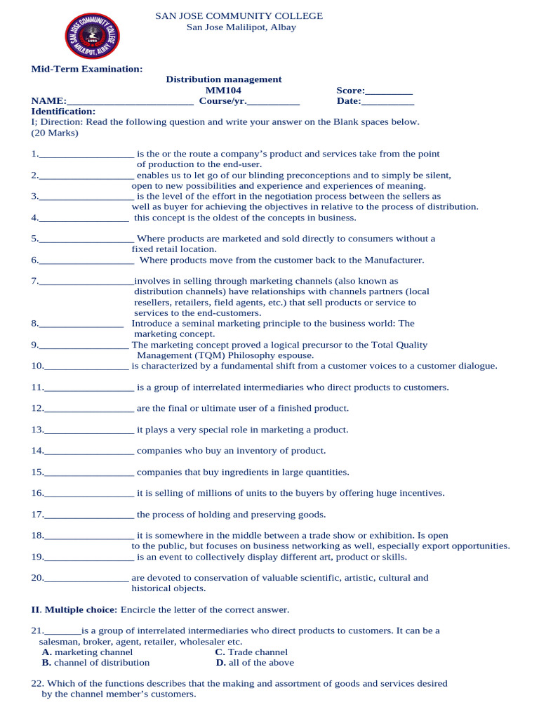 Midterm Xam mm104 Distri | PDF | Marketing | Service Industries