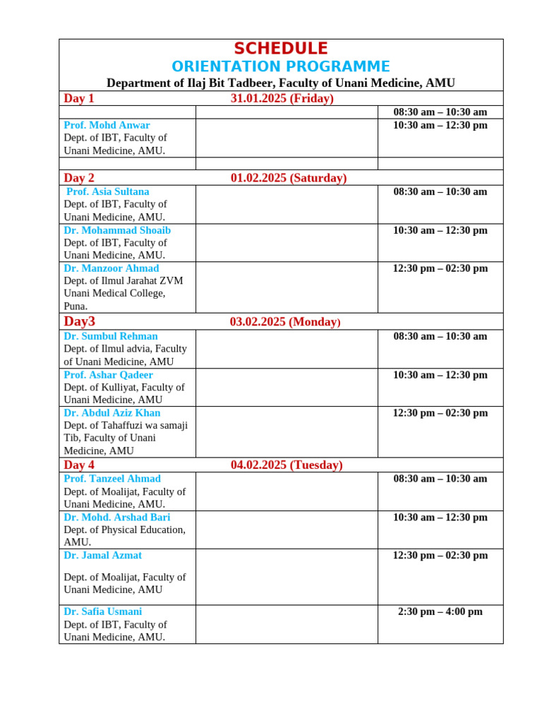 Unani Medicine Orientation Schedule | PDF