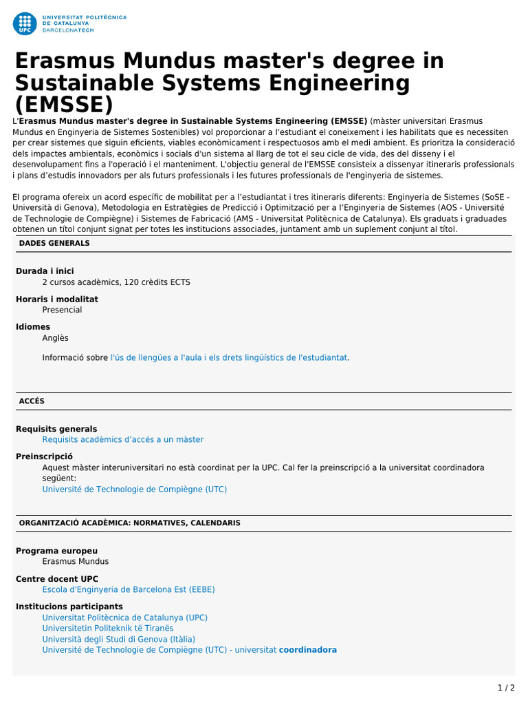 Erasmus Mundus Master's Degree in Sustainable Systems Engineering (EMSSE) (EEBE) | PDF
