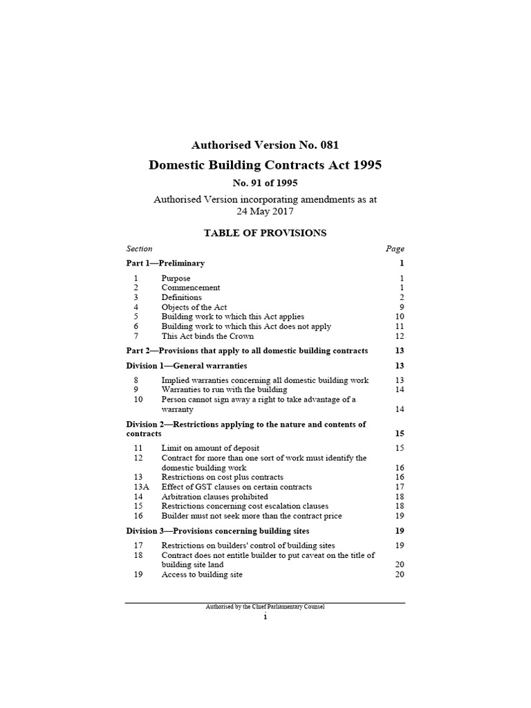 Domestic Building Contracts Act 1995 | PDF | Act Of Parliament | Prices