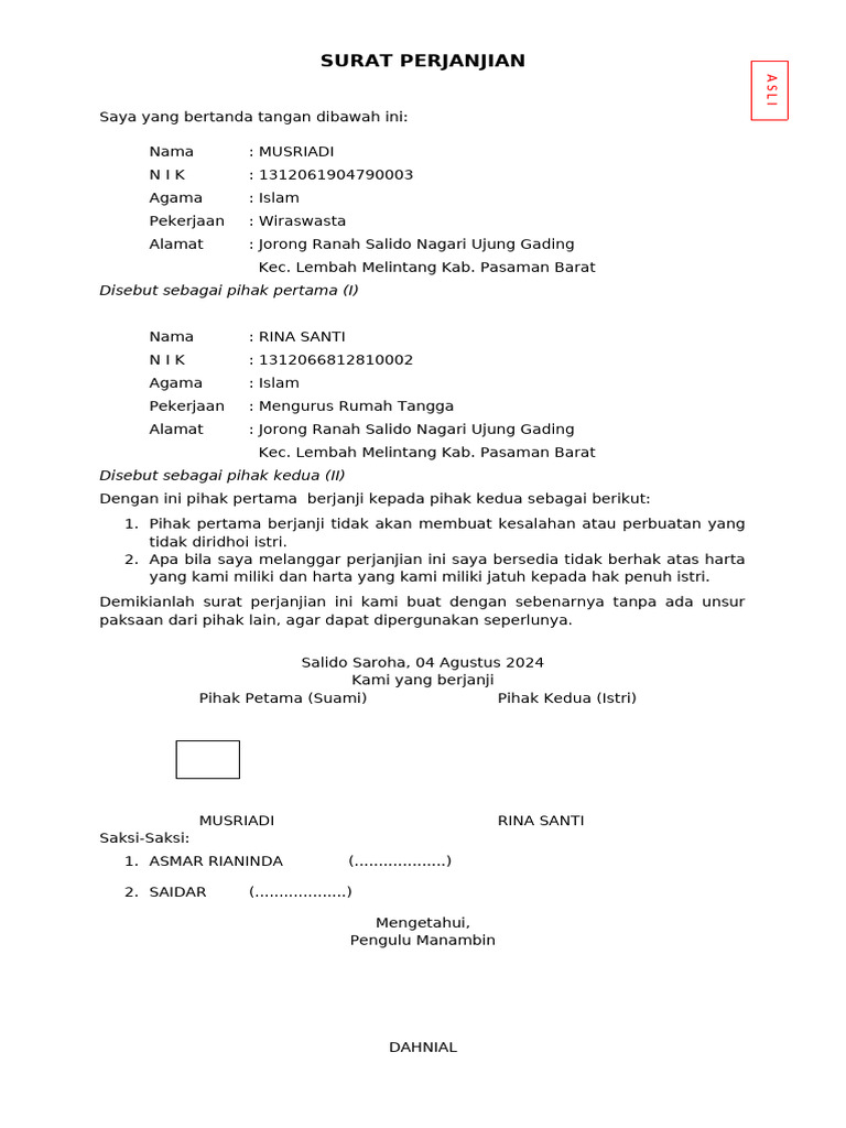Surat Perjanjian Kesepakatan Suami Istri | PDF