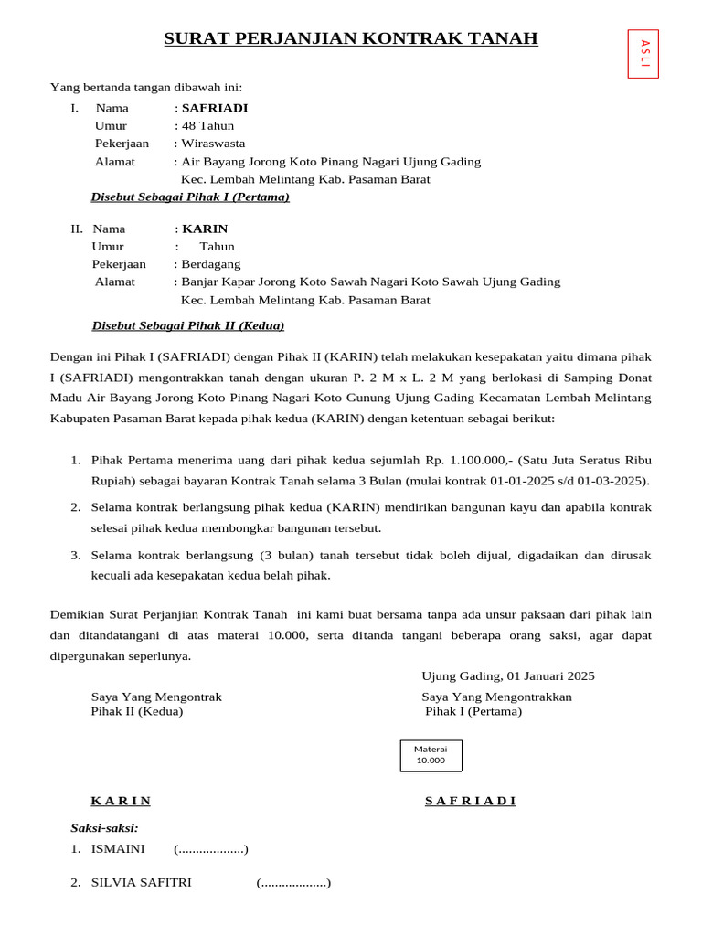 Kontrak Sewa Tanah Safriadi-Karin | PDF