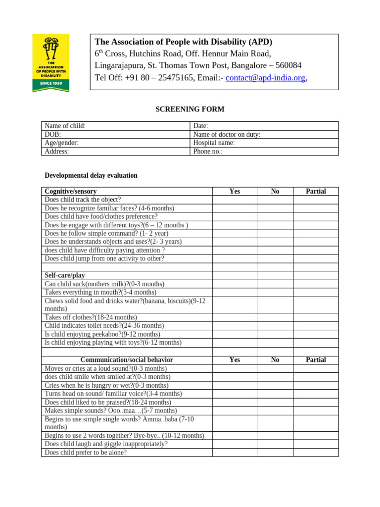 Screening Tool Form | PDF | Behavioural Sciences | Human Development