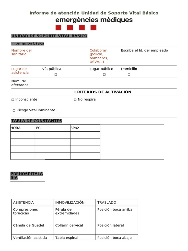 Informe de Atención Unidad de Soporte Vital Básico Editable | PDF