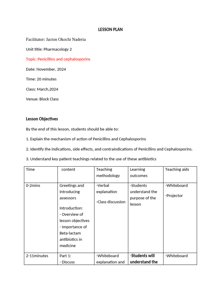 Penicillins and Cephalosporins Lesson Plan | PDF | Penicillin | Medical ...
