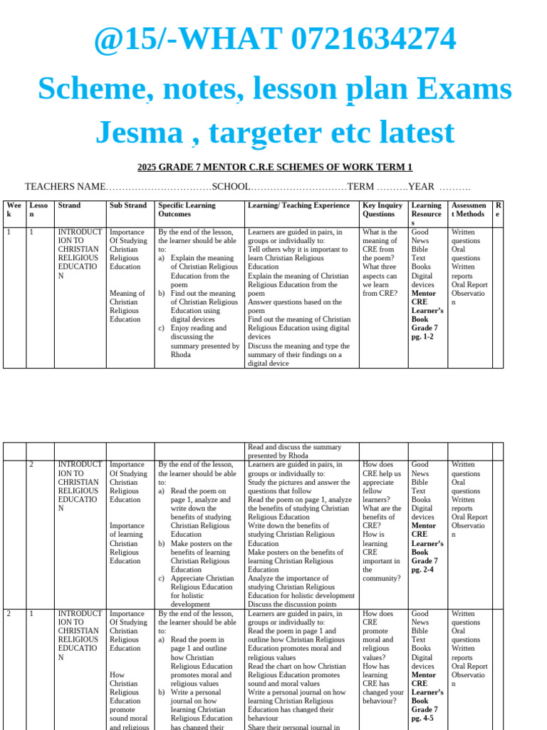 Grade 7 Cre Schemes of Work | PDF | Bible | Learning