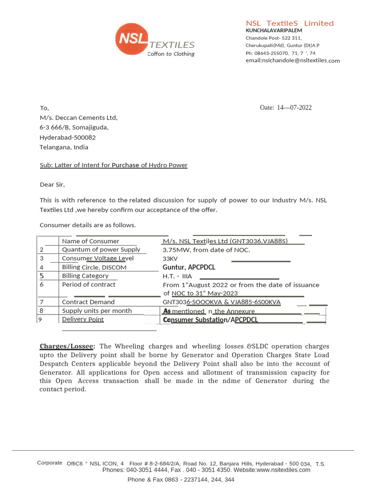 NSL Textiles Hydro Power Purchase Agreement | PDF | Electric Power ...