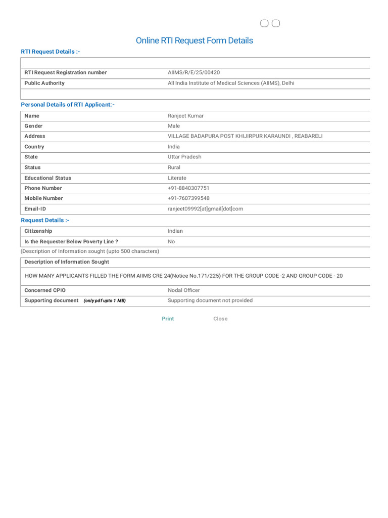 RTI Request Form for AIIMS Information | PDF