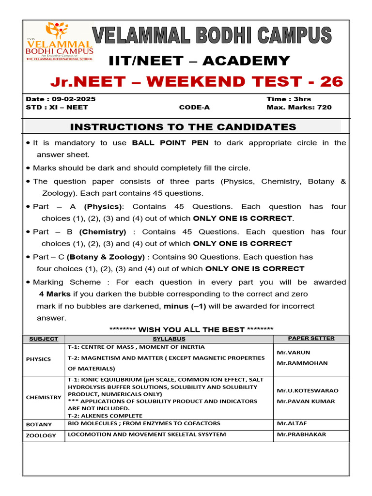 Xi-Neet - (Code-A) - (Without Key) - Final - 09-02-2025 | PDF | Enzyme ...