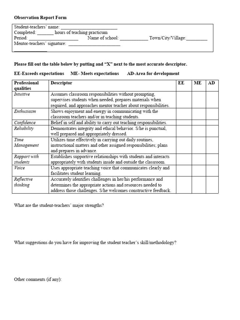 Practicum. Observation Report Form | PDF