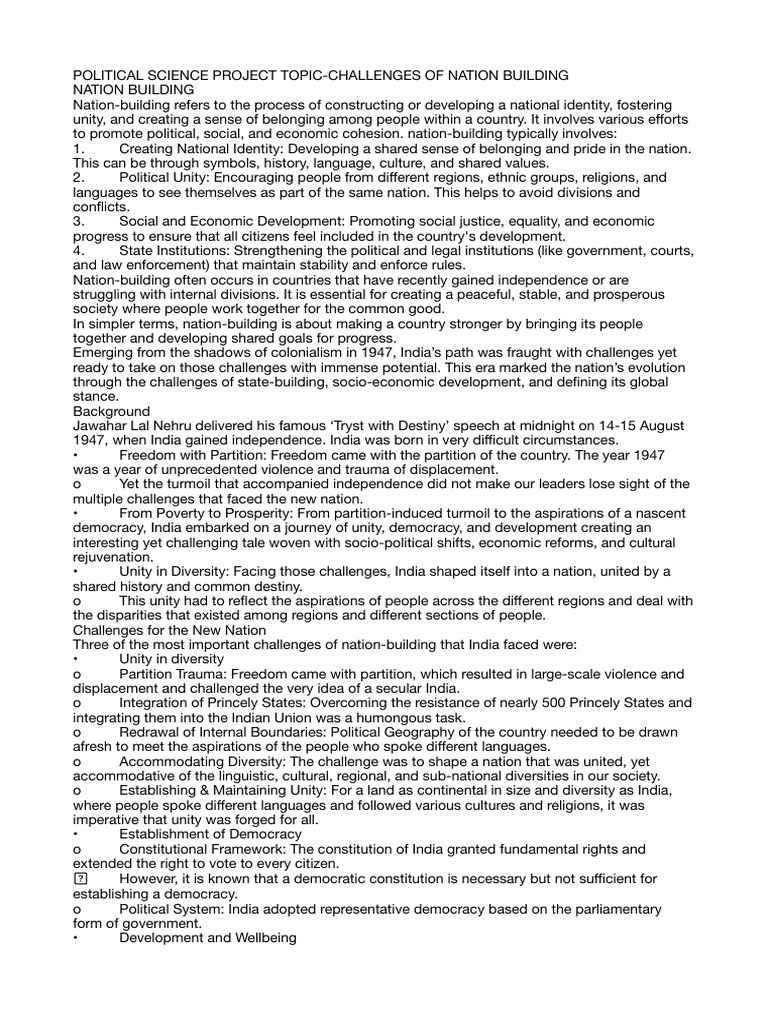 Political Science Project Topic-Challenges of Nation Building | PDF ...