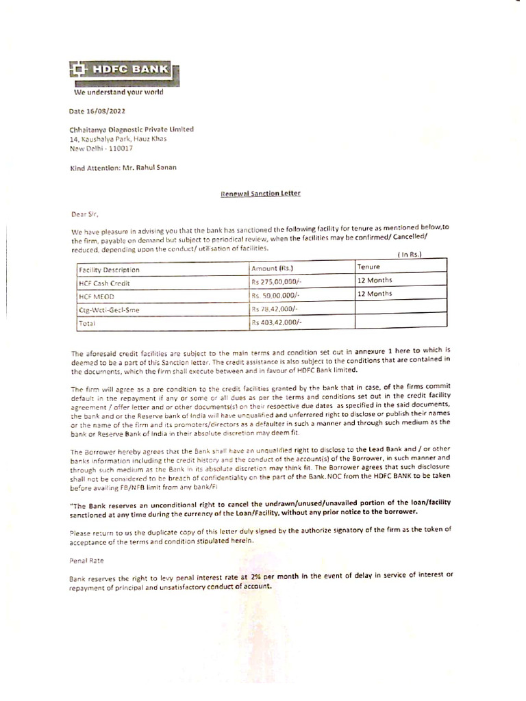 HDFC Bank Sanction Letter 2022 | PDF