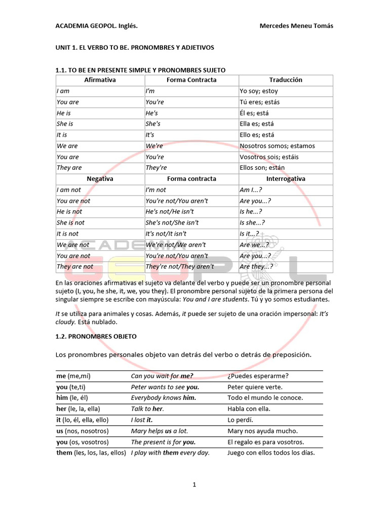 Unit 1 | PDF | Asunto (gramática) | Verbo