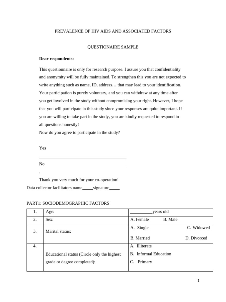 Hiv Aids Questionaire Sample | PDF | Hiv/Aids | Questionnaire