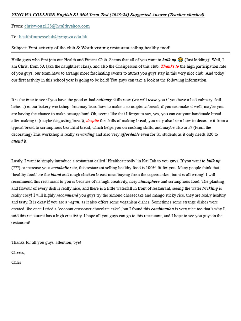 Final Corrected Ver: English S1 Writing 2324 Past Paper DONE | PDF ...