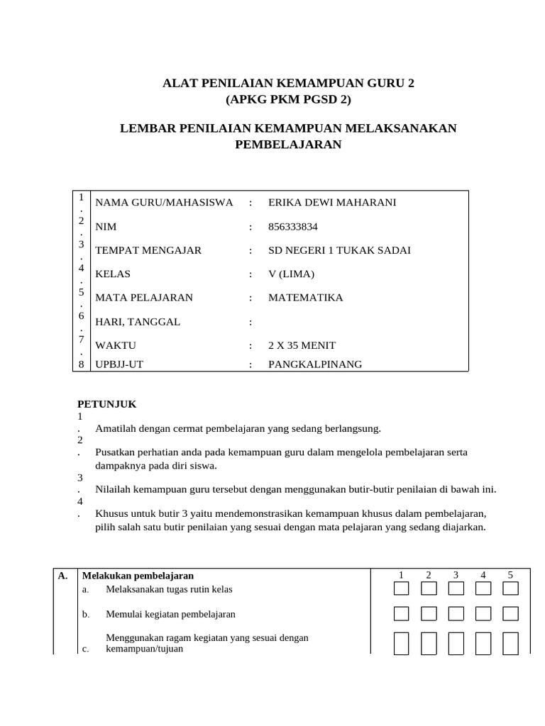 ALAT PENILAIAN KEMAMPUAN GURU 2 ( APKG PKM 2) | PDF