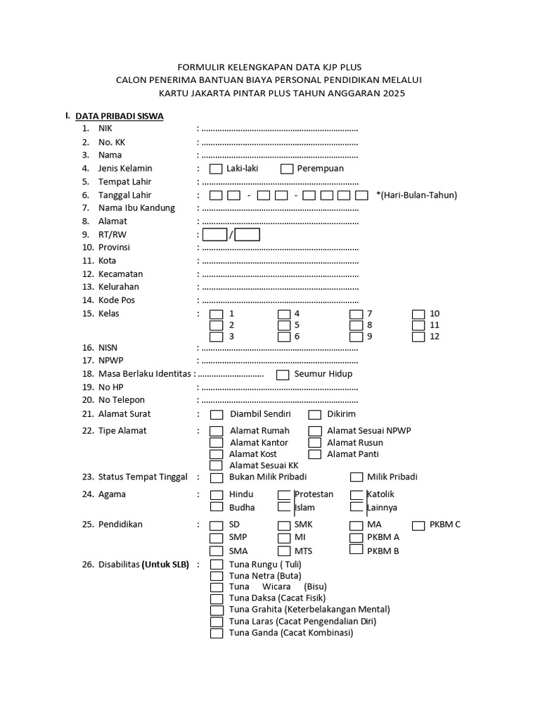 Formulir Pendaftaran KJP Plus 2025 | PDF