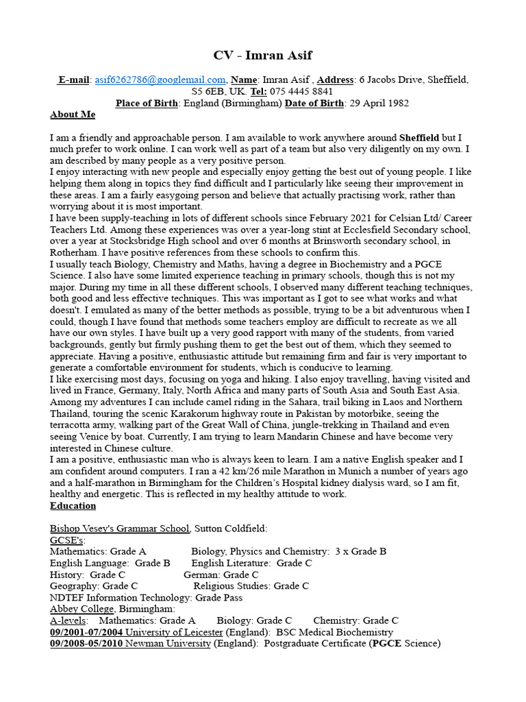 CV - Asif G - T - 2024plusxtrarefs | PDF | Teachers