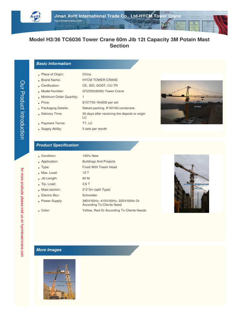 Model h3 36 Tc6036 Tower Crane 60m Jib 12t Capacity 3m Potain Mast Section | PDF | Crane (Machine)
