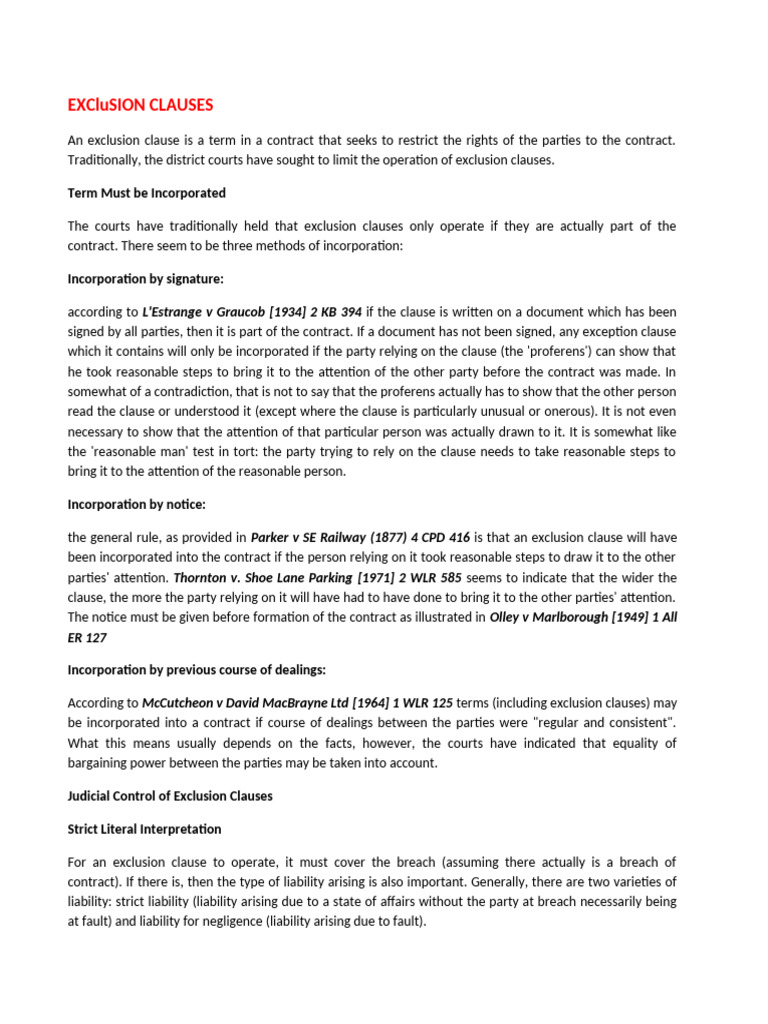 EXCLUSION CLAUSES in contracts | PDF | Law Of Obligations | Consent