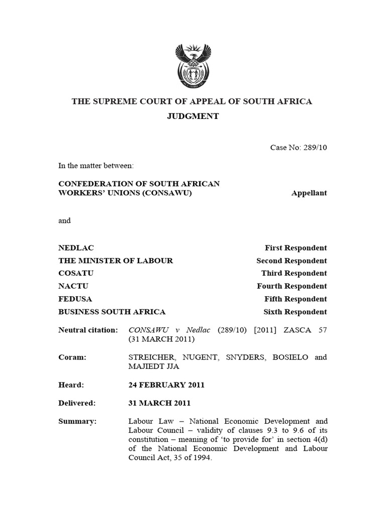 Confederation of SA Workers Union V NEDLAC | PDF | Appeal | Constitution