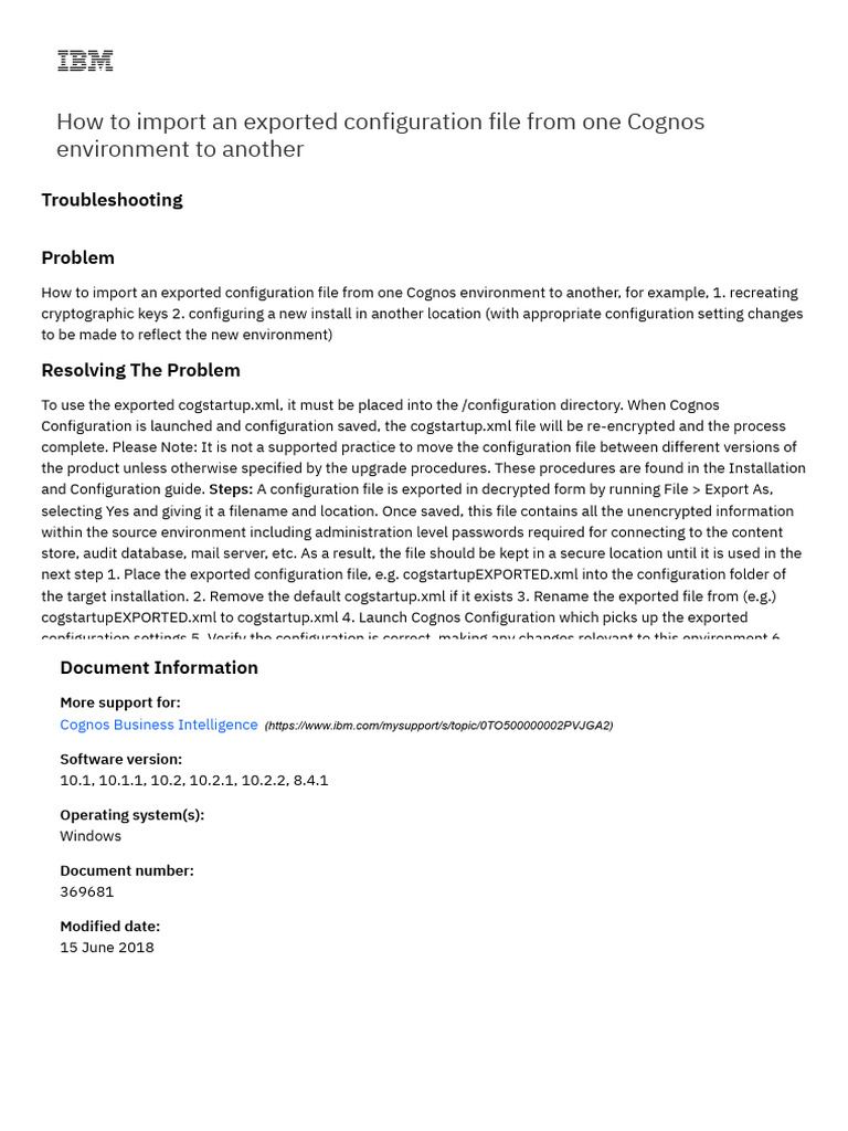 How To Import An Exported Configuration File From One Cognos Environment To Another | PDF