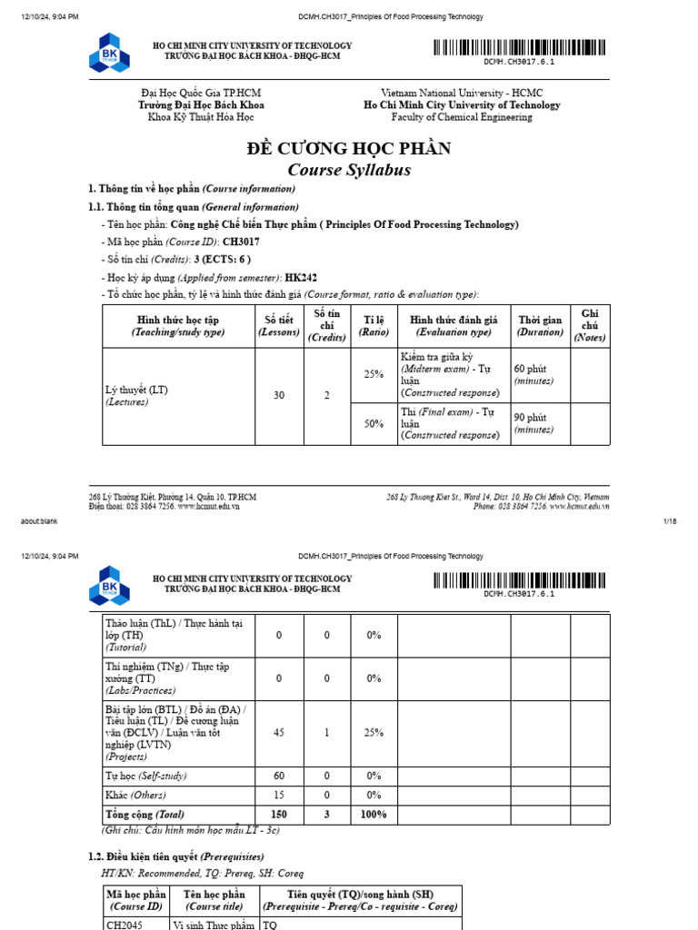 DCMH - CH3017 - Principles of Food Processing Technology (Version 6.1) | PDF