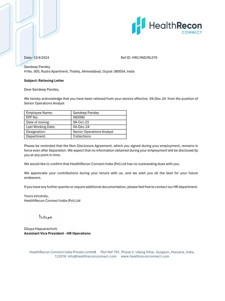 Relieving Letter for Sandeep Pandey | PDF