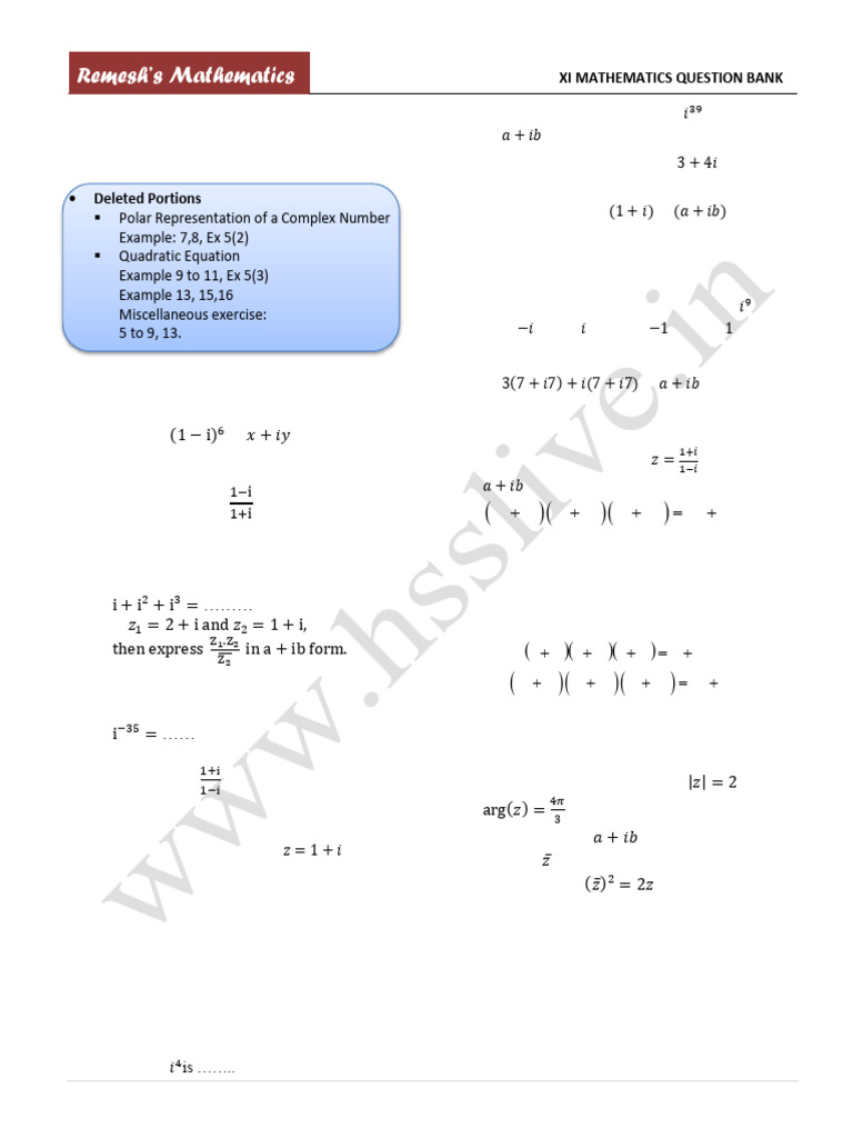 Hsslive Xi Maths-qb 04 Complex Numbers | PDF