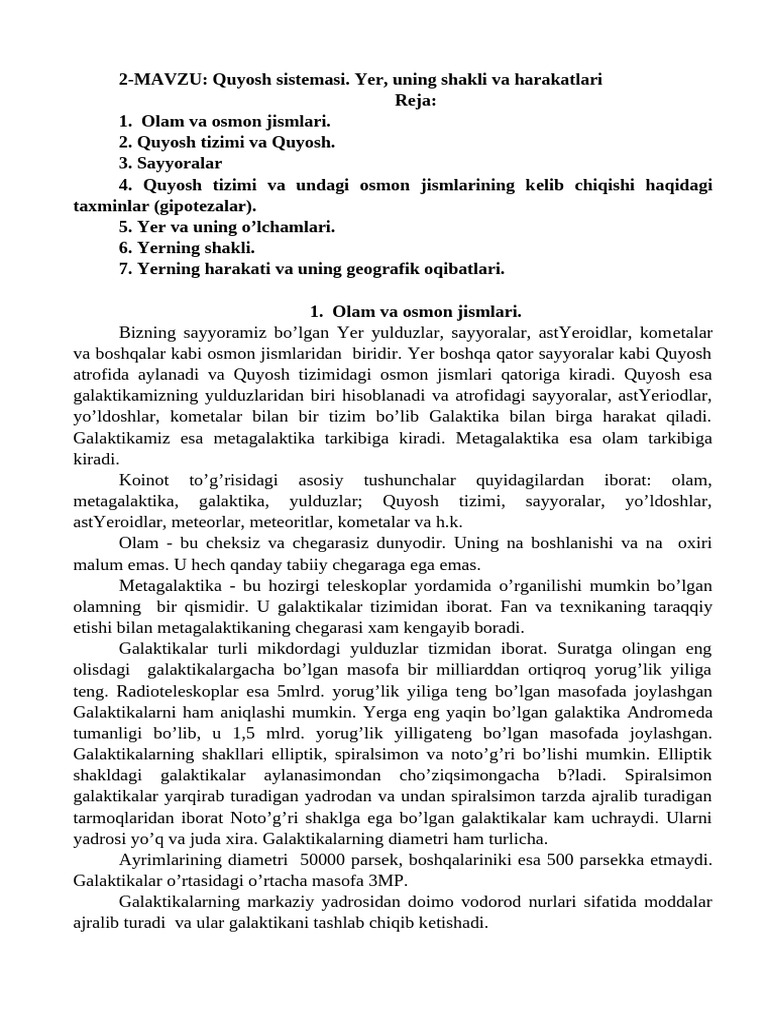 2-Ma'Ruza. Quyosh Sistemasi | PDF