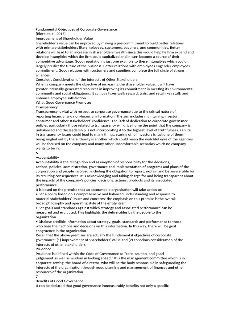 Fundamental Objectives of Corporate Governance | PDF | Governance | Corporate Governance