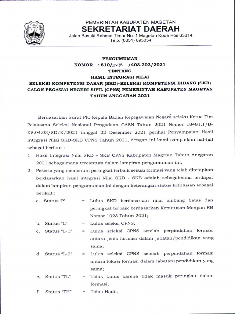 PENGUMUMAN HASIL INTEGRASI SKD SKB CPNS 2021 | PDF