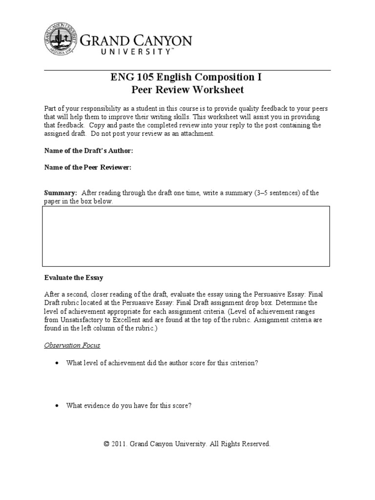 Peer Review Worksheet | PDF | Rubric (Academic) | Essays