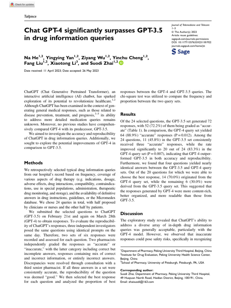 2023 Chat GPT 4 Significantly Surpasses GPT 3 5 in Drug Information Queries | PDF | Medicine ...