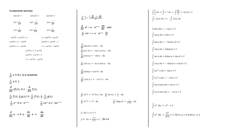 Differentiation and Integration Fomulas | PDF | Logarithm | Complex Analysis