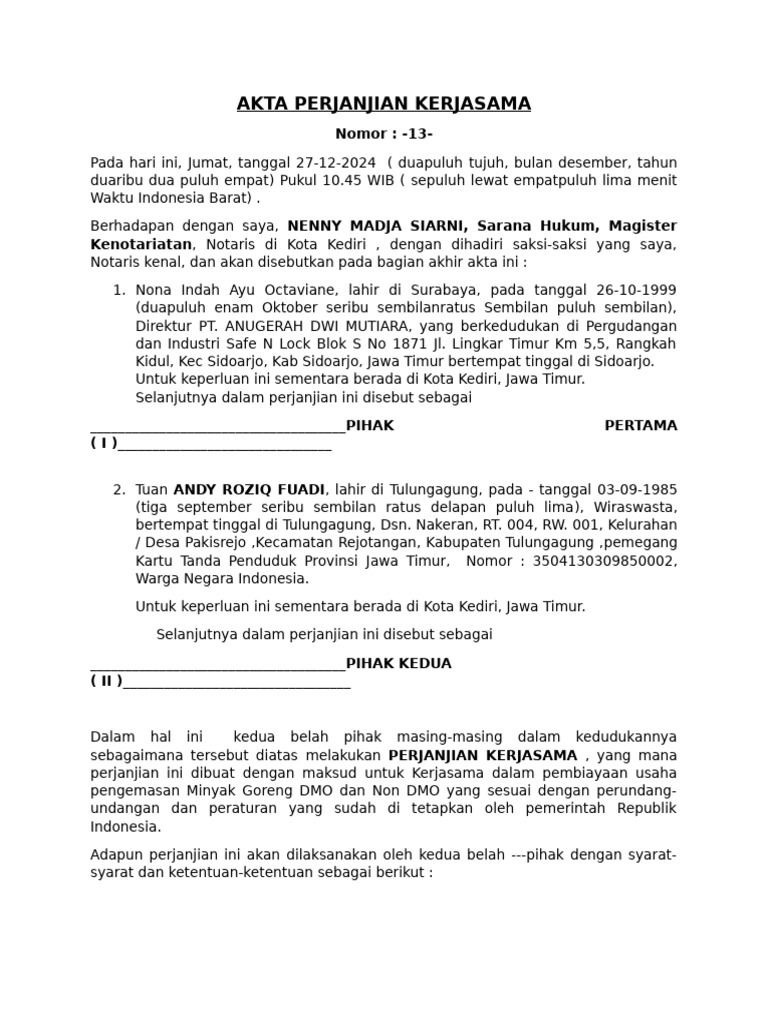 Akta Perjanjian Kerjasama Pengemasan Minyak Goreng | PDF