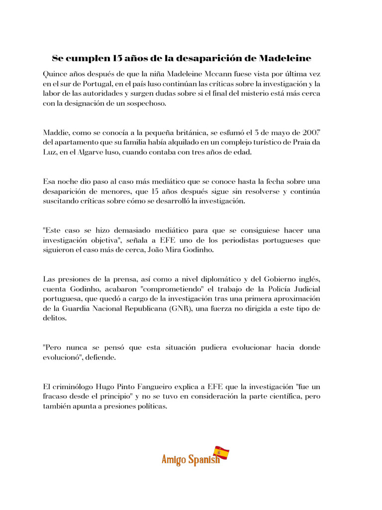 [AMIGO Spanish News_26] Se cumplen 15 años de la desaparición de Madeleine | PDF | Portugal