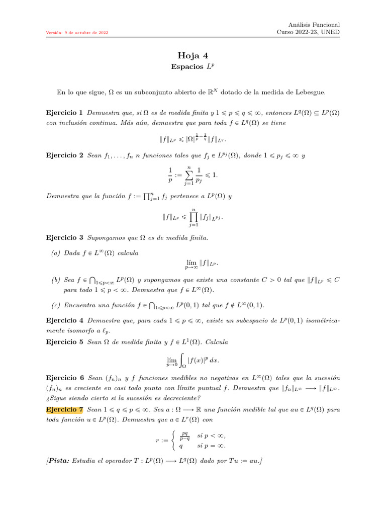 Ejercicios de Espacios Lp en Análisis | PDF | Análisis funcional | Análisis