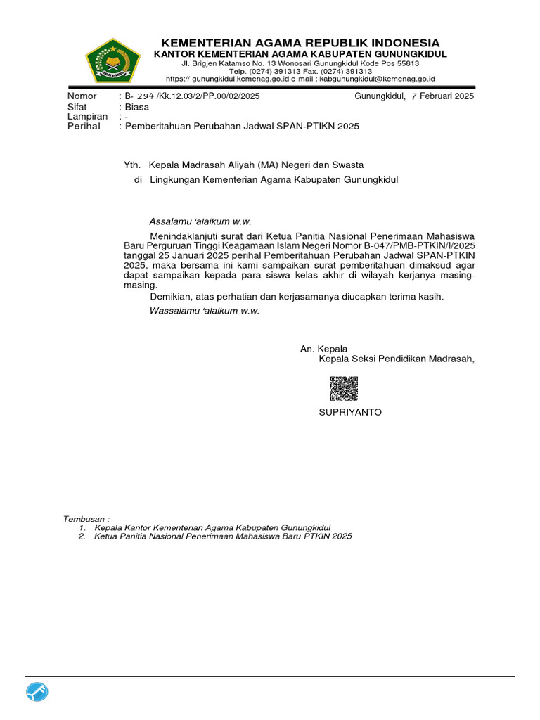 Pemberitahuan Perubahan Jadwal SPAN PTKIN 2025 | PDF