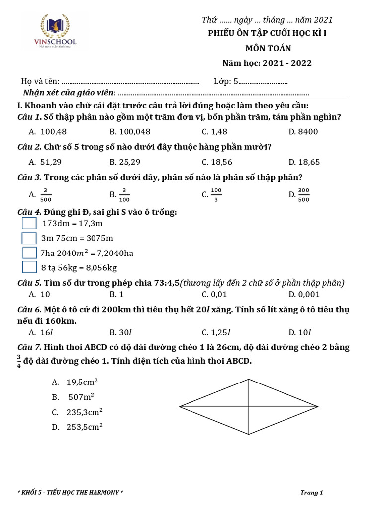 K5 - Phieu On Toán - CK1 - 20212022 | PDF