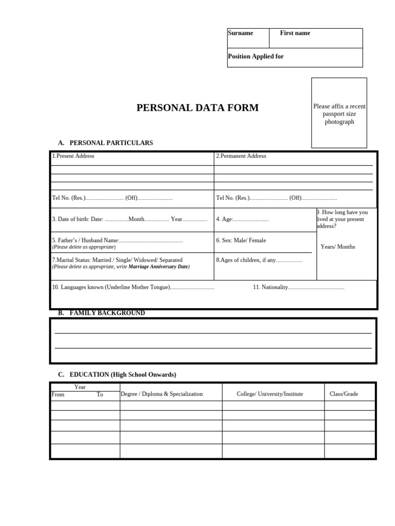 Personal Data Form for Job Application | PDF