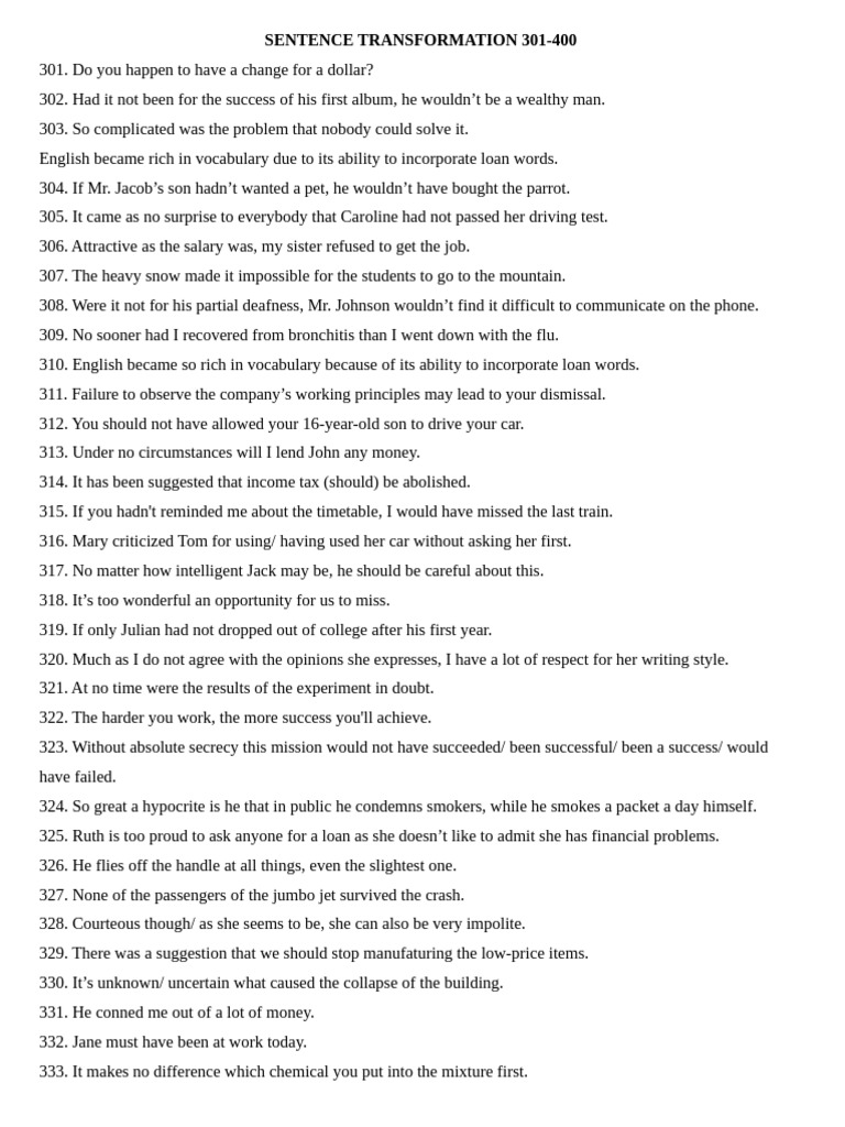 Sentence Transformation Examples 301-400 | PDF