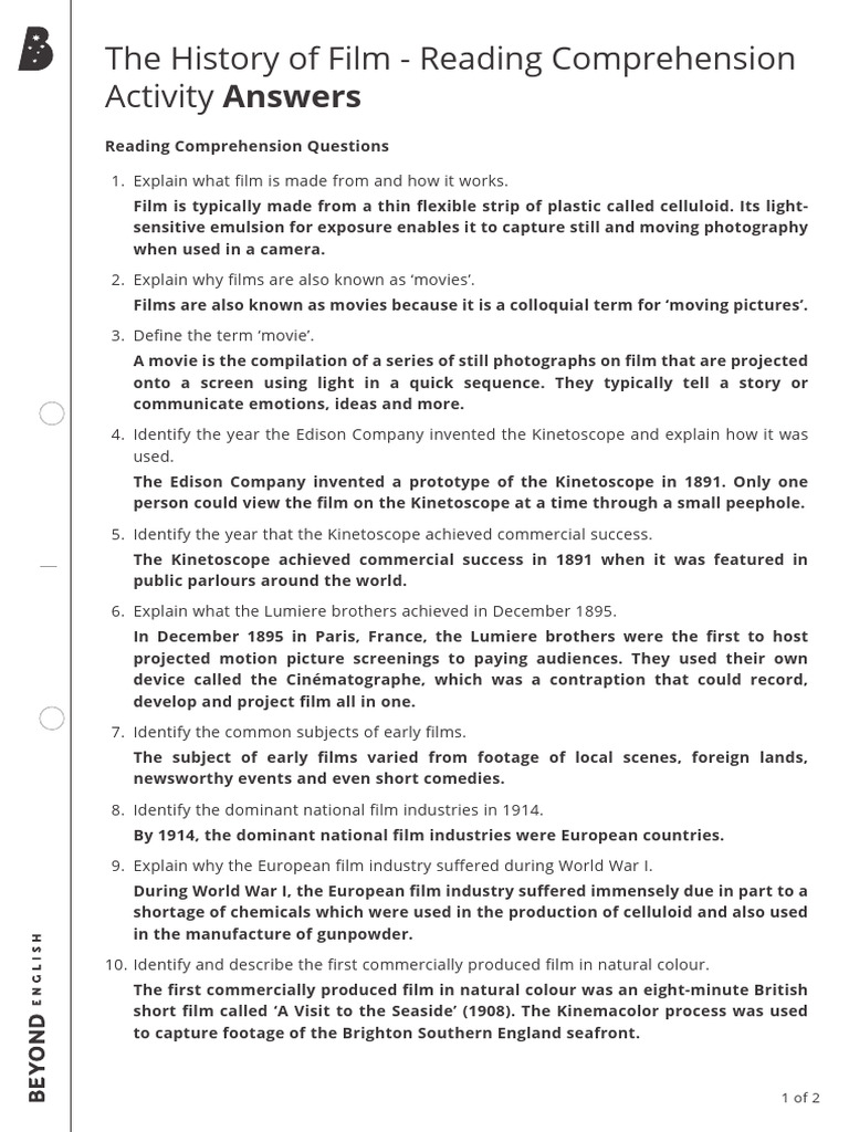 History of Film: Comprehension Guide | PDF