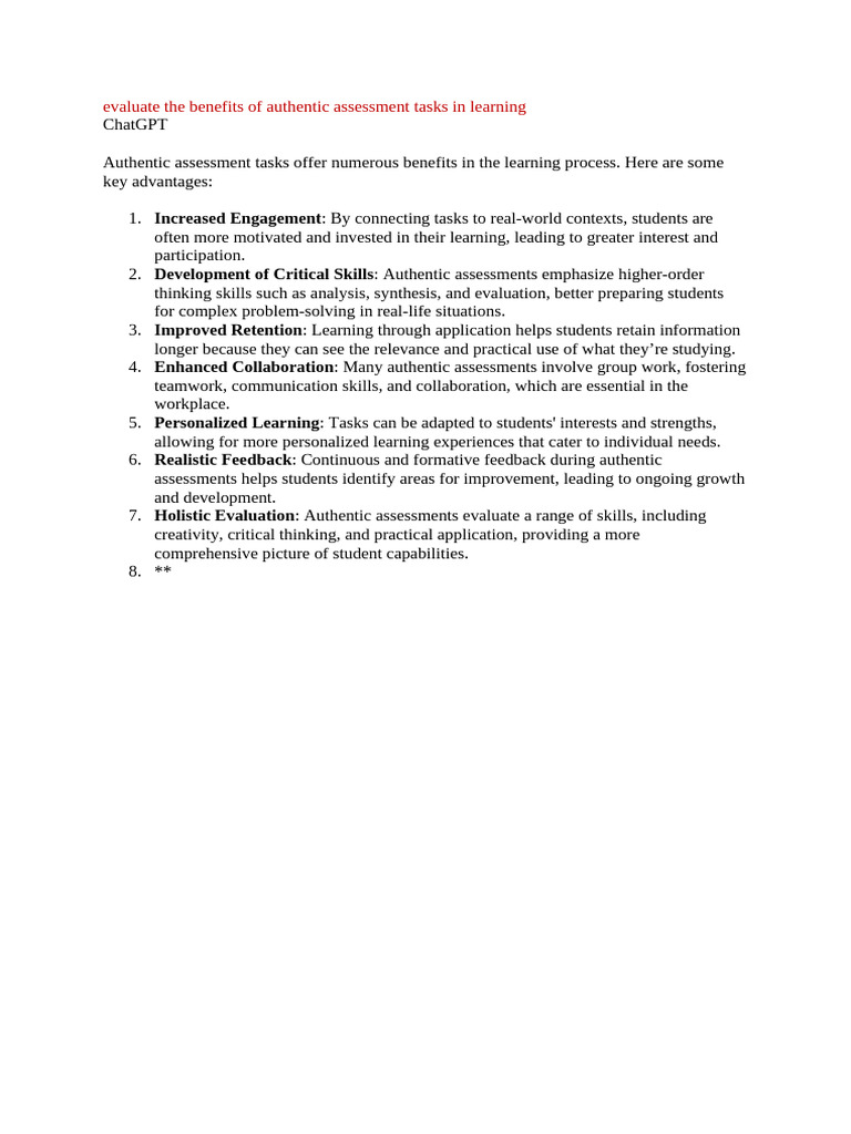 Benefits of Authentic Assessment in Learning | PDF