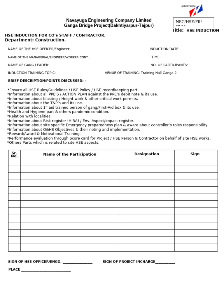 HSE Induction Training For Staff or SC | PDF