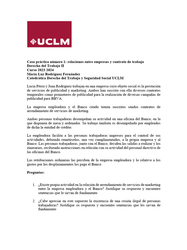 Caso Praì Ctico 1 Derecho Del Trabajo Ii MLRF 2023 2024 | PDF