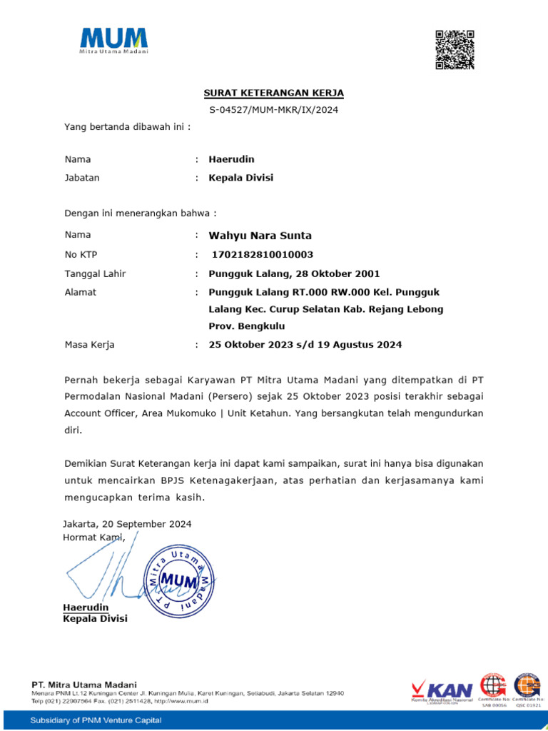 Surat Keterangan Pencairan JHT-Wahyu Nara Sunta | PDF