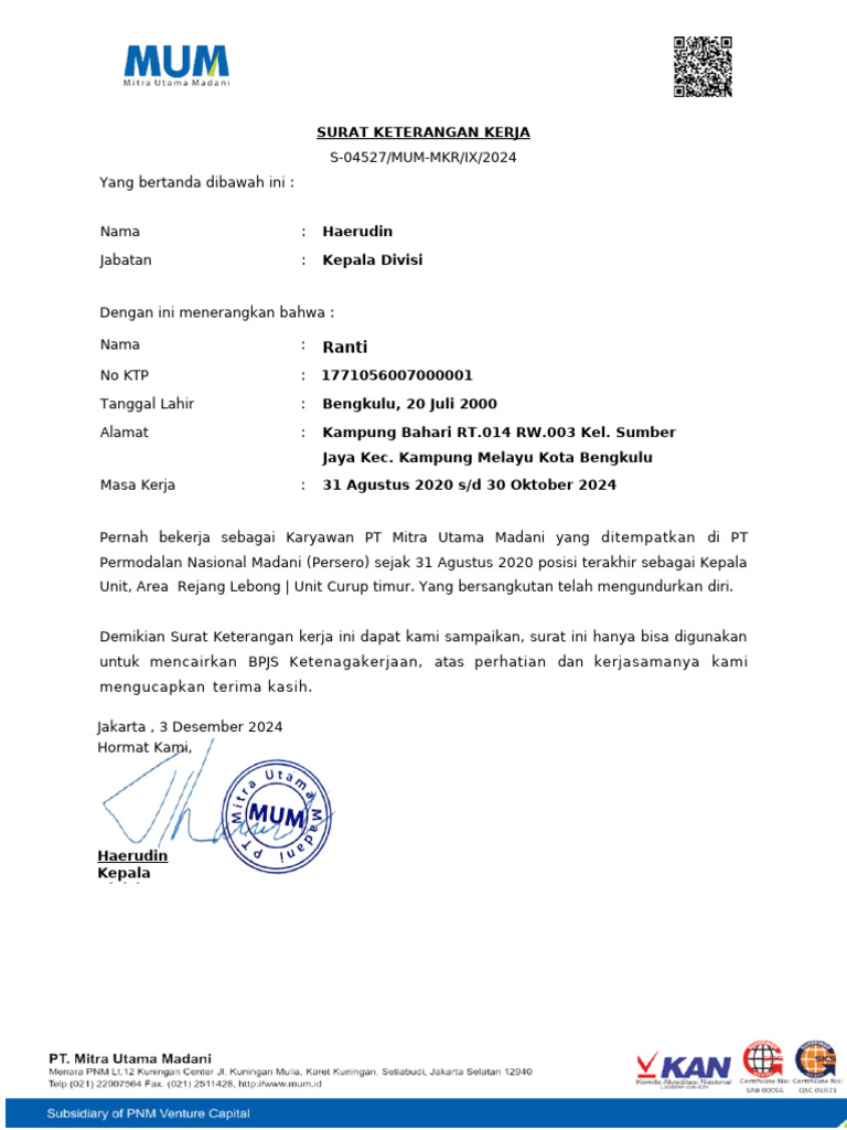 Surat Keterangan Pencairan JHT-Wahyu Nara Sunta | PDF